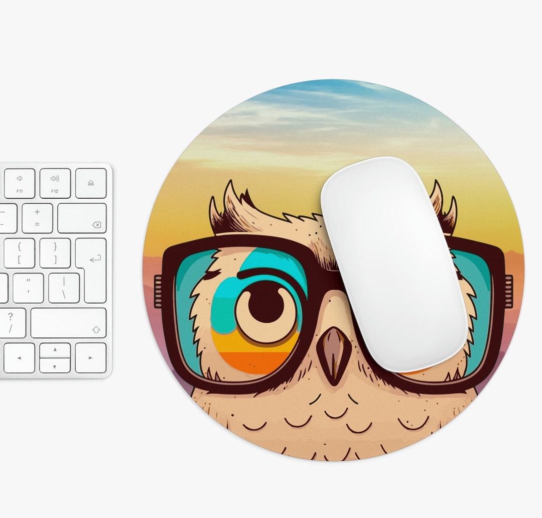 Funny Owl Mouse Pad, Own With Glasses Mouse Pad, Circle Mousepad, Round ...