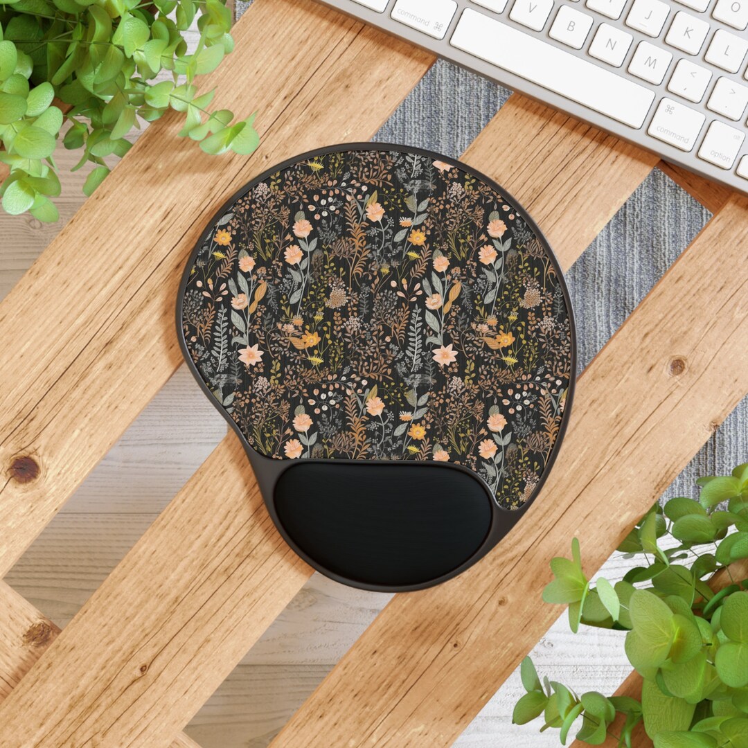 Botanical Flower Mousepad, Black Mouse Pad With Wrist Rest, Wildflowers ...