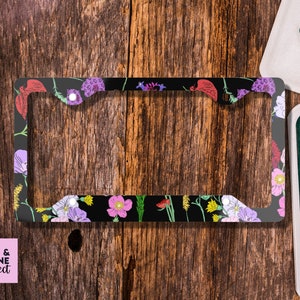Black Boho Flower Metal License Plate Frame, Garden Flowers Frame ...