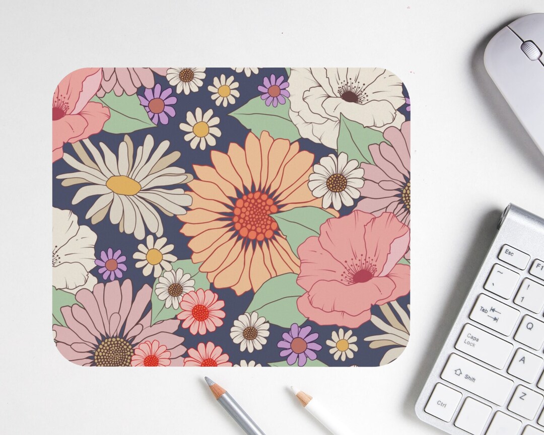 Botanical Flower Mouse Pad, Floral Boho Mousepad, Hippie Desk Mat, Cute ...