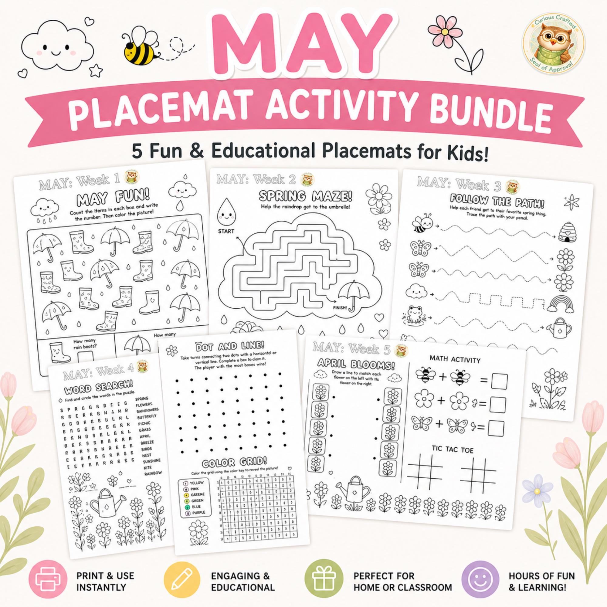 May Kids Placemat Activity Bundle Spring Printable Learning Worksheets ...