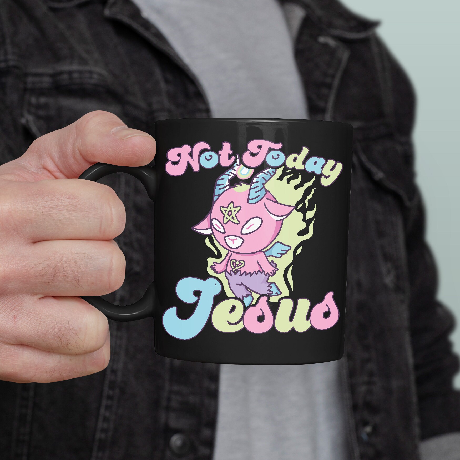 Not Today Jesus Black Cup Funny Baphomet Saying Satan Devil Demon ...