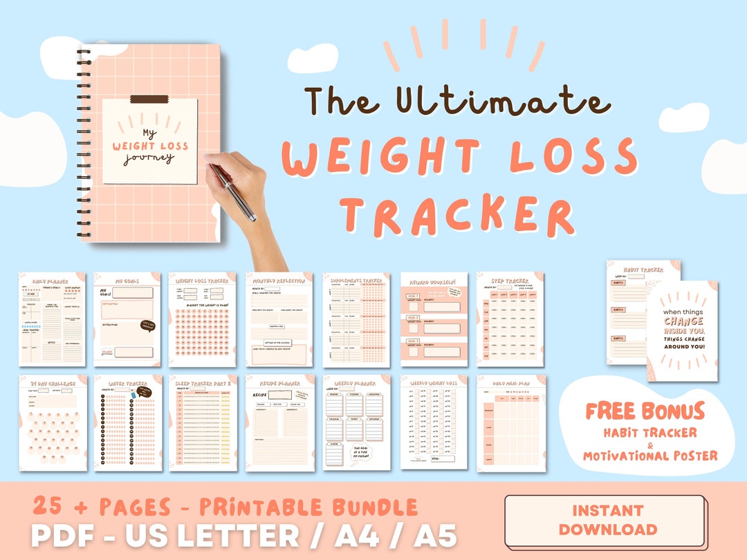 Weight Loss Tracker, Journal & Planner. PRINTABLE PDF. Daily, Weekly ...