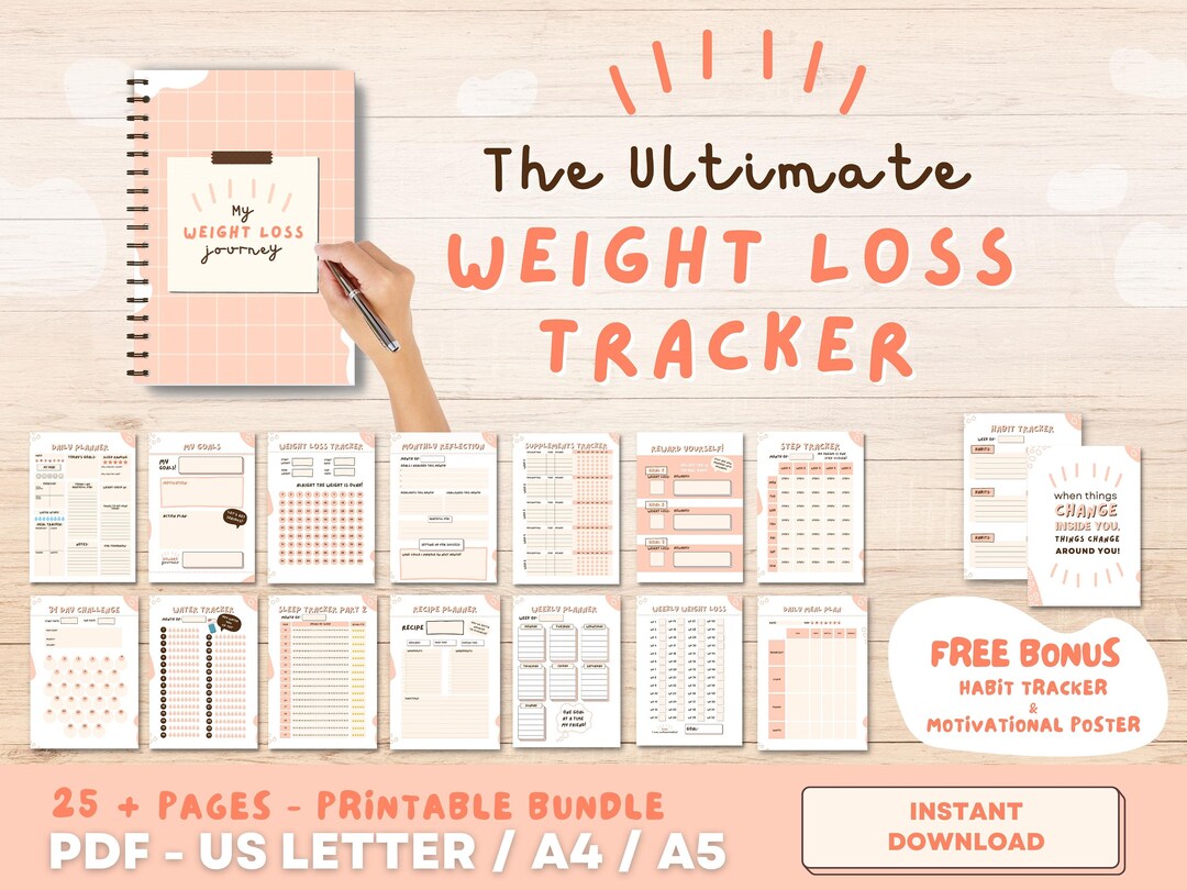 Weight Loss Tracker, Journal & Planner. PRINTABLE PDF. Daily, Weekly ...
