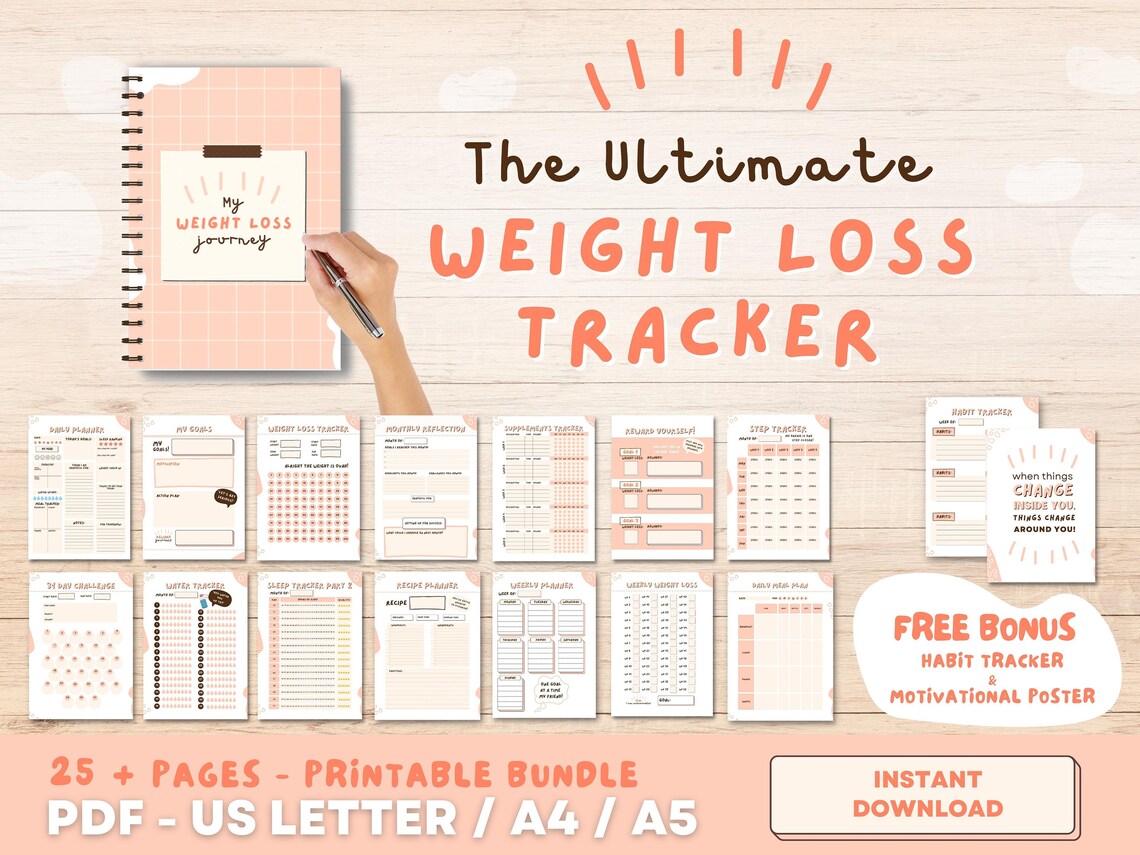 Weight Loss Tracker, Journal & Planner. PRINTABLE PDF. Daily, Weekly ...