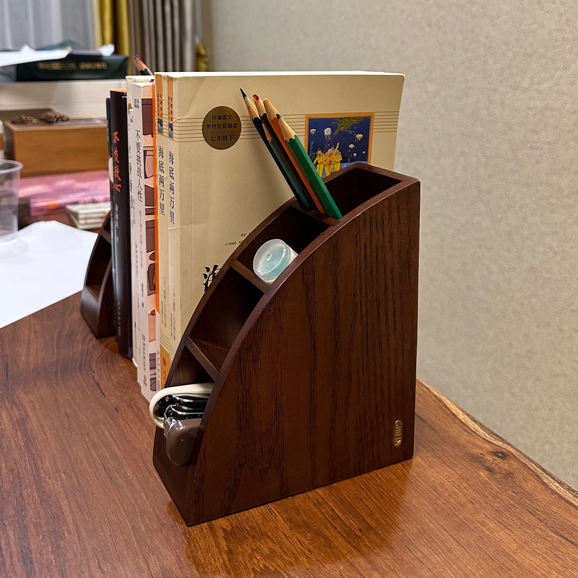 Elegant Wooden Desk Organizer With Angled Pen Slots and Integrated ...