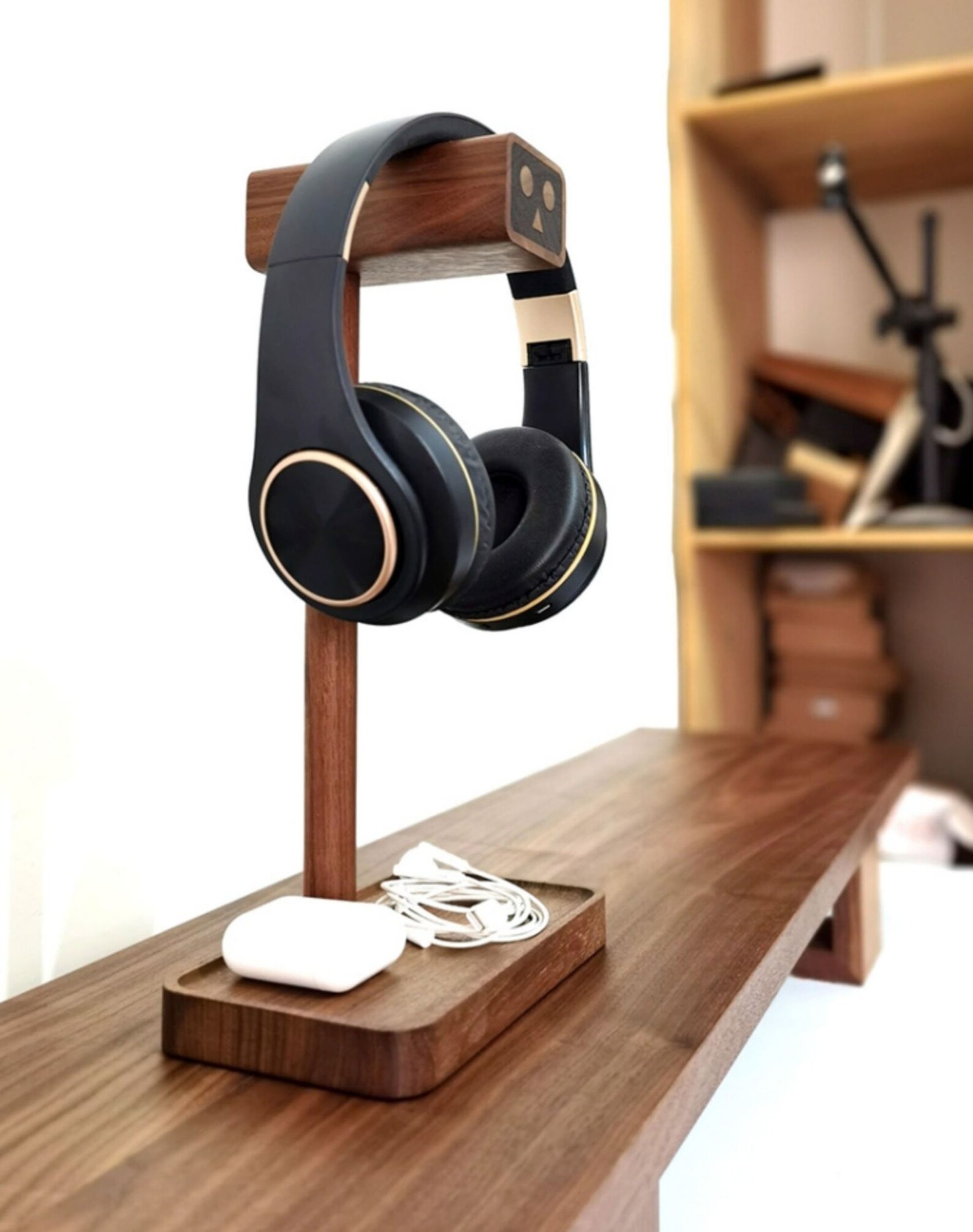 Headphone Stand With Tray, Gaming Headset Holder, Wooden Desk Headphone ...