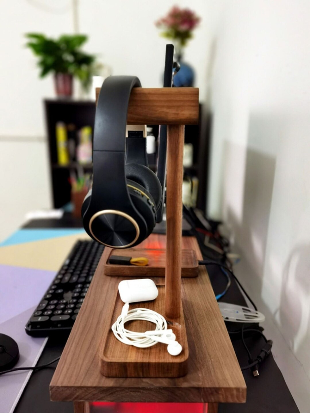 Headphone Stand With Tray, Gaming Headset Holder, Wooden Desk Headphone ...