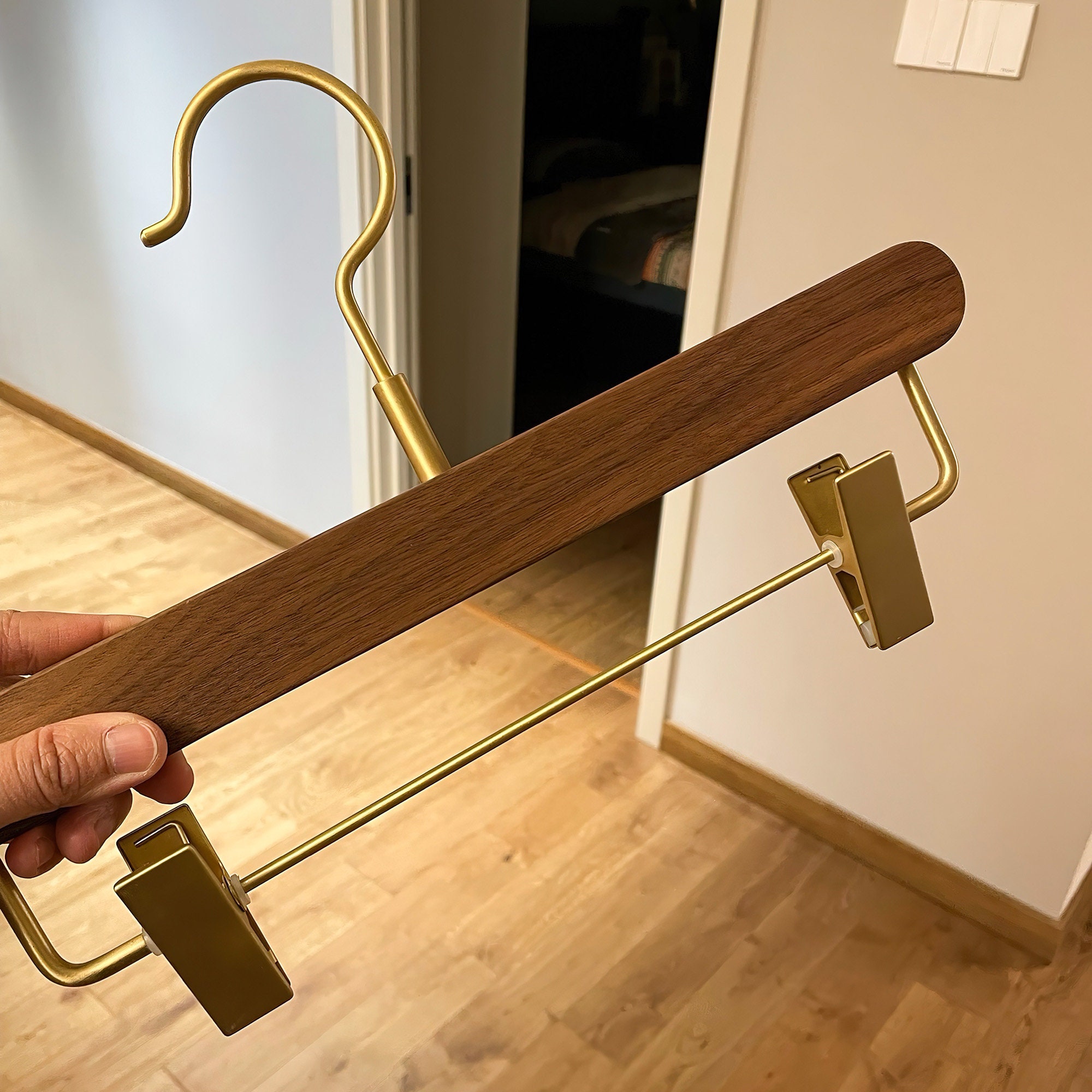 Premium Walnut Wood and Brass Multifunctional Trouser Hanger With Bar ...
