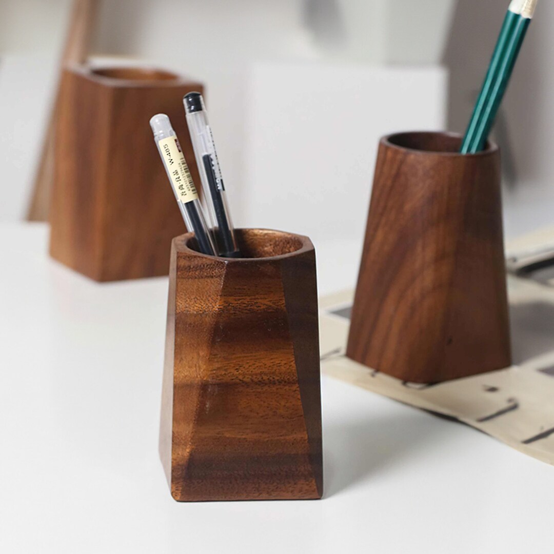 Wooden Desktop Pen Holder | Black Walnut Pen Holder for Office ...