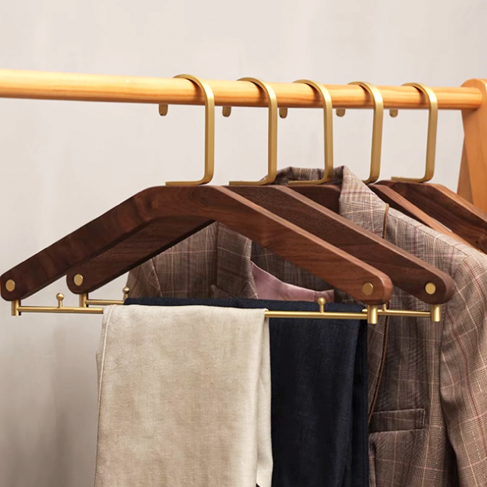 Elegant Black Walnut & Brass Clothes Hanger With Integrated Trouser Bar ...