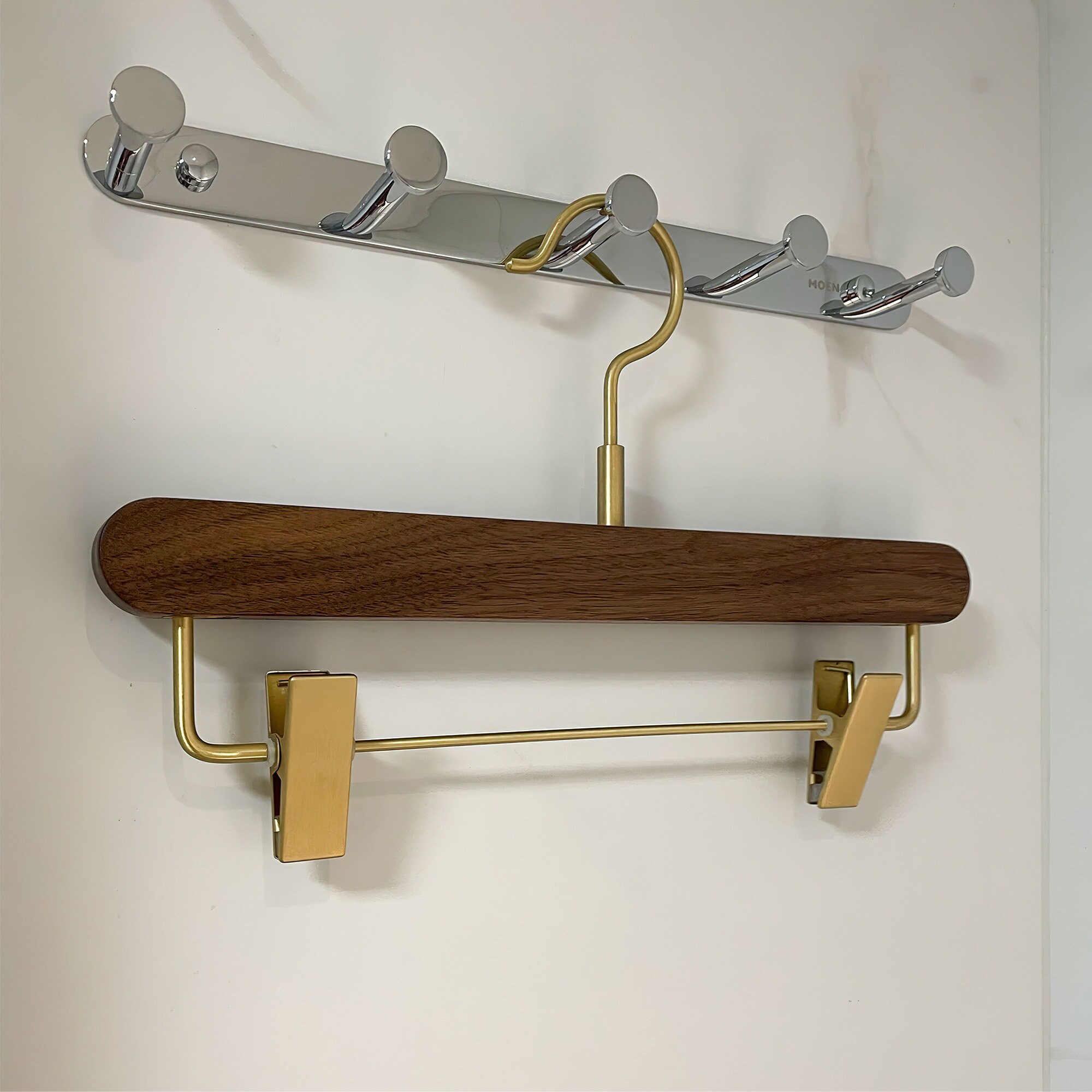 Premium Walnut Wood and Brass Multifunctional Trouser Hanger With Bar ...