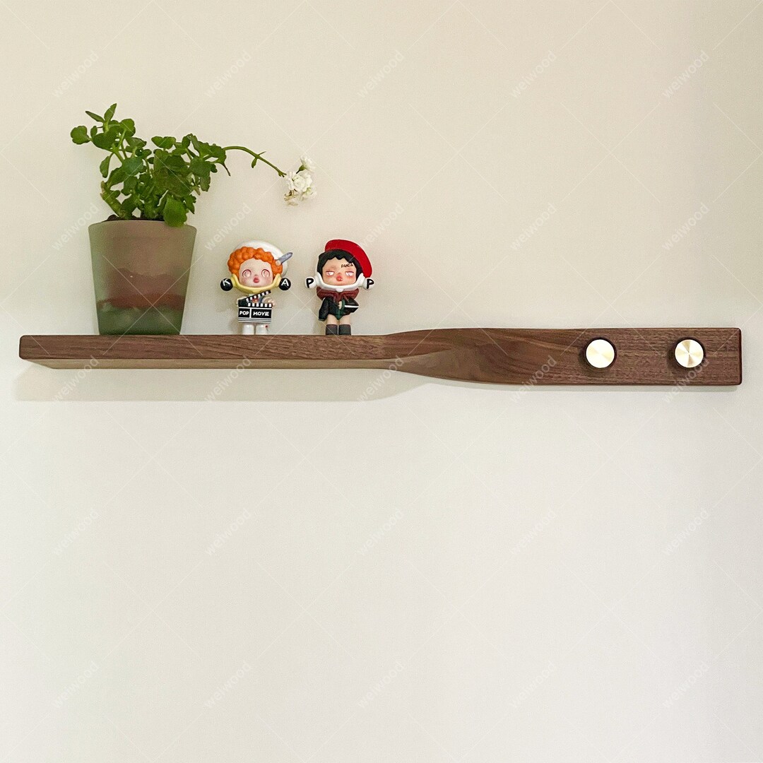 Walnut Wood Wall Shelf With Round Hooks - Artisanal Hanging Storage ...