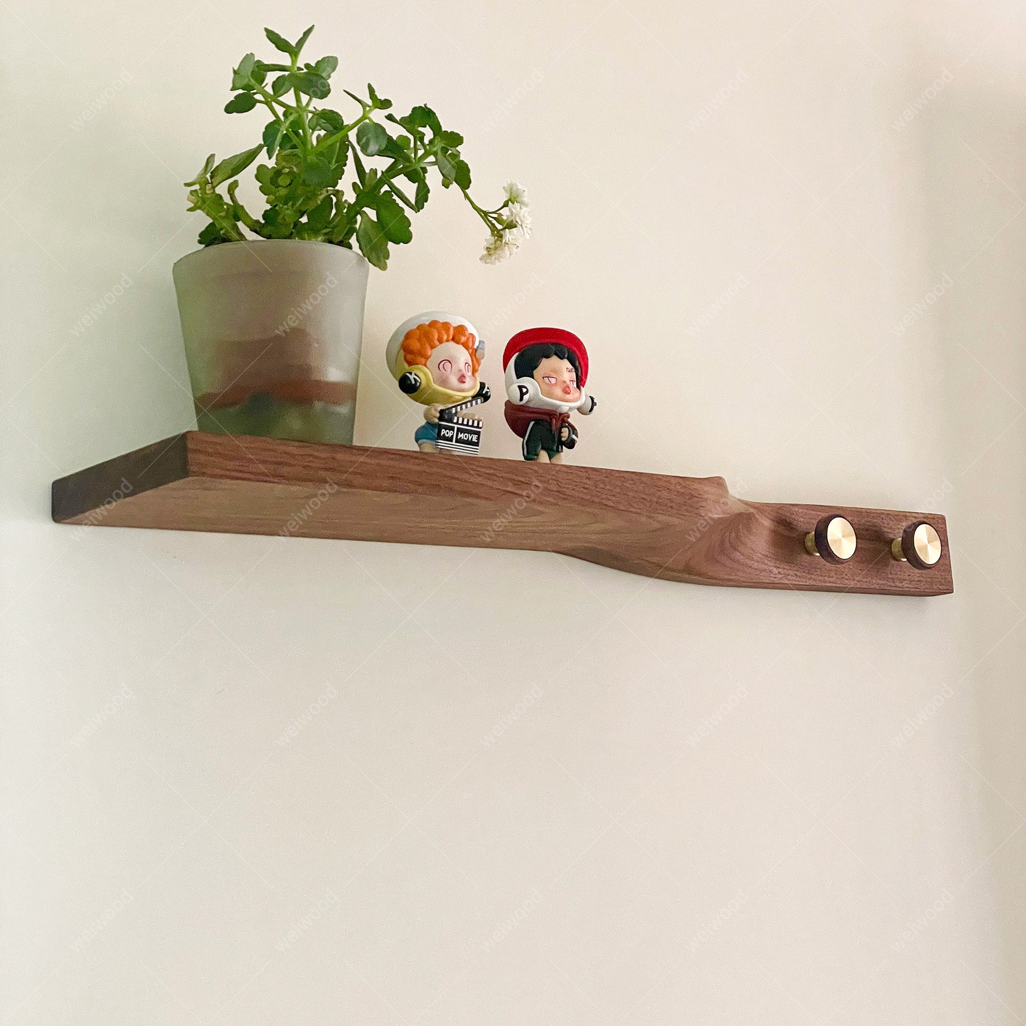 Walnut Wood Wall Shelf With Round Hooks Artisanal Hanging Storage, Wall ...
