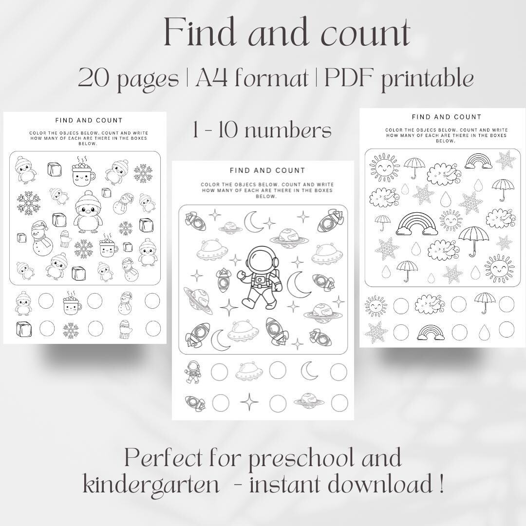Find and Count Worksheets PDF | 1- 10 Numbers | 20 Pages | A4 Printable ...