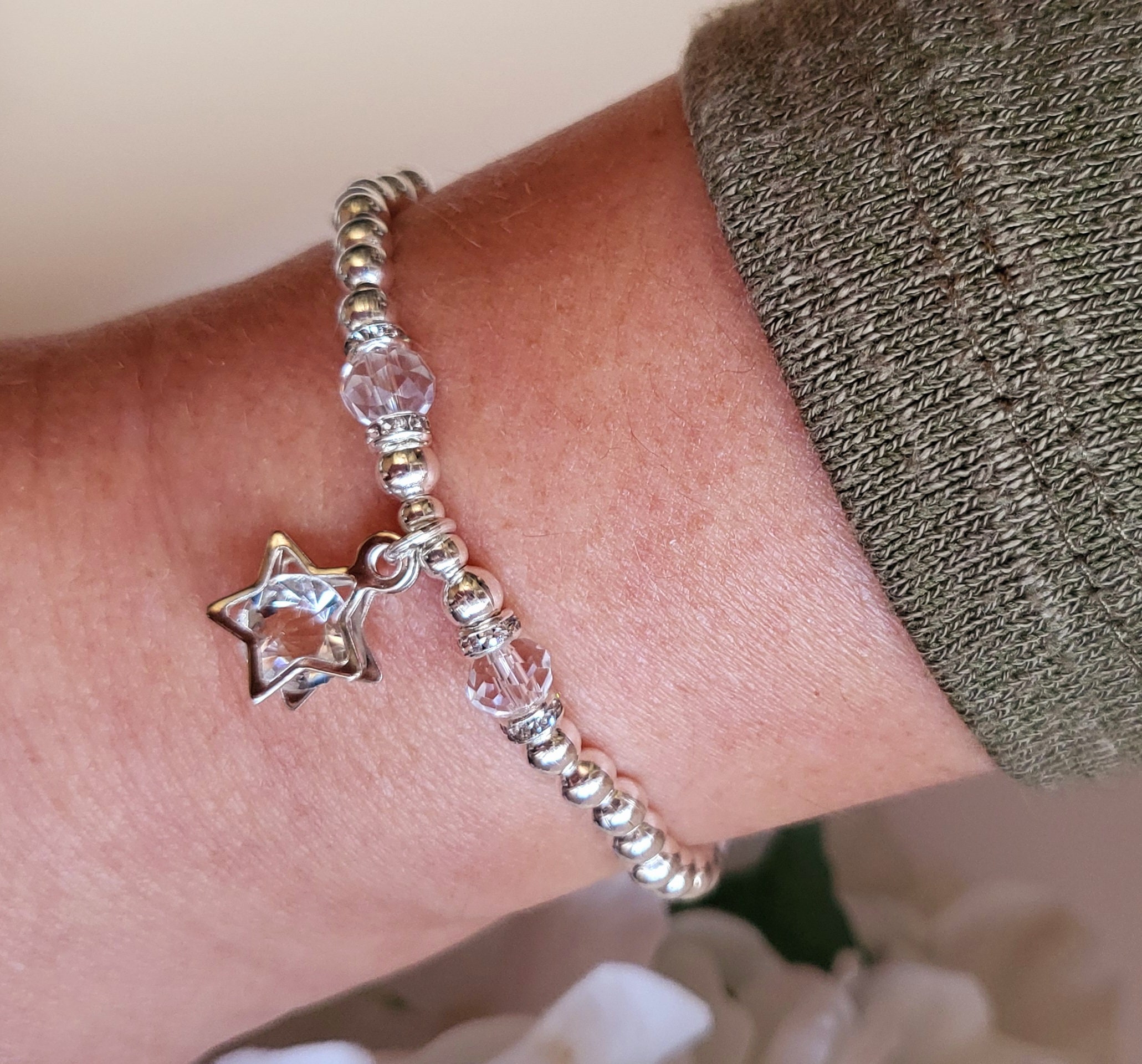 Silver Beaded Stretch Stacking Celestial Bracelet With Sparkling Star ...