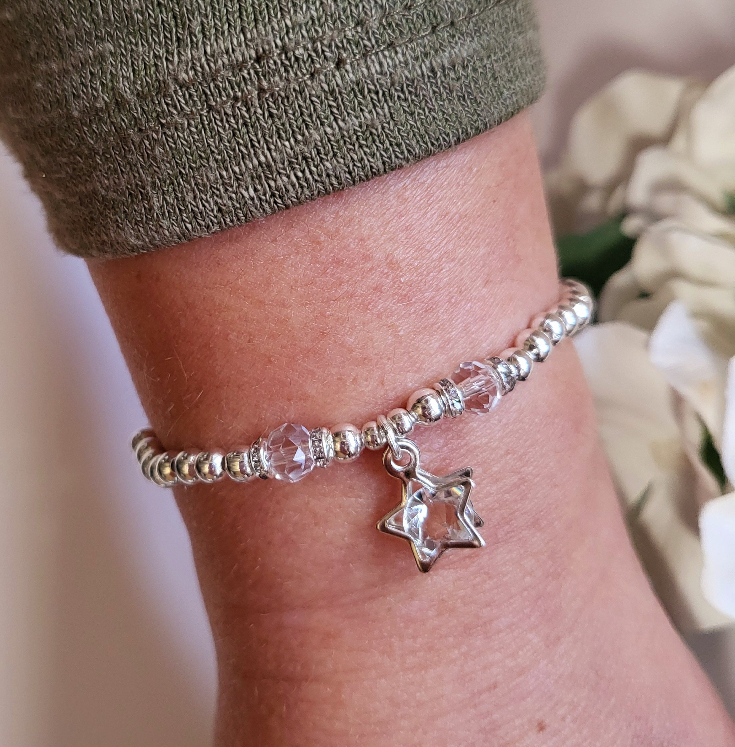 Silver Beaded Stretch Stacking Celestial Bracelet With Sparkling Star ...