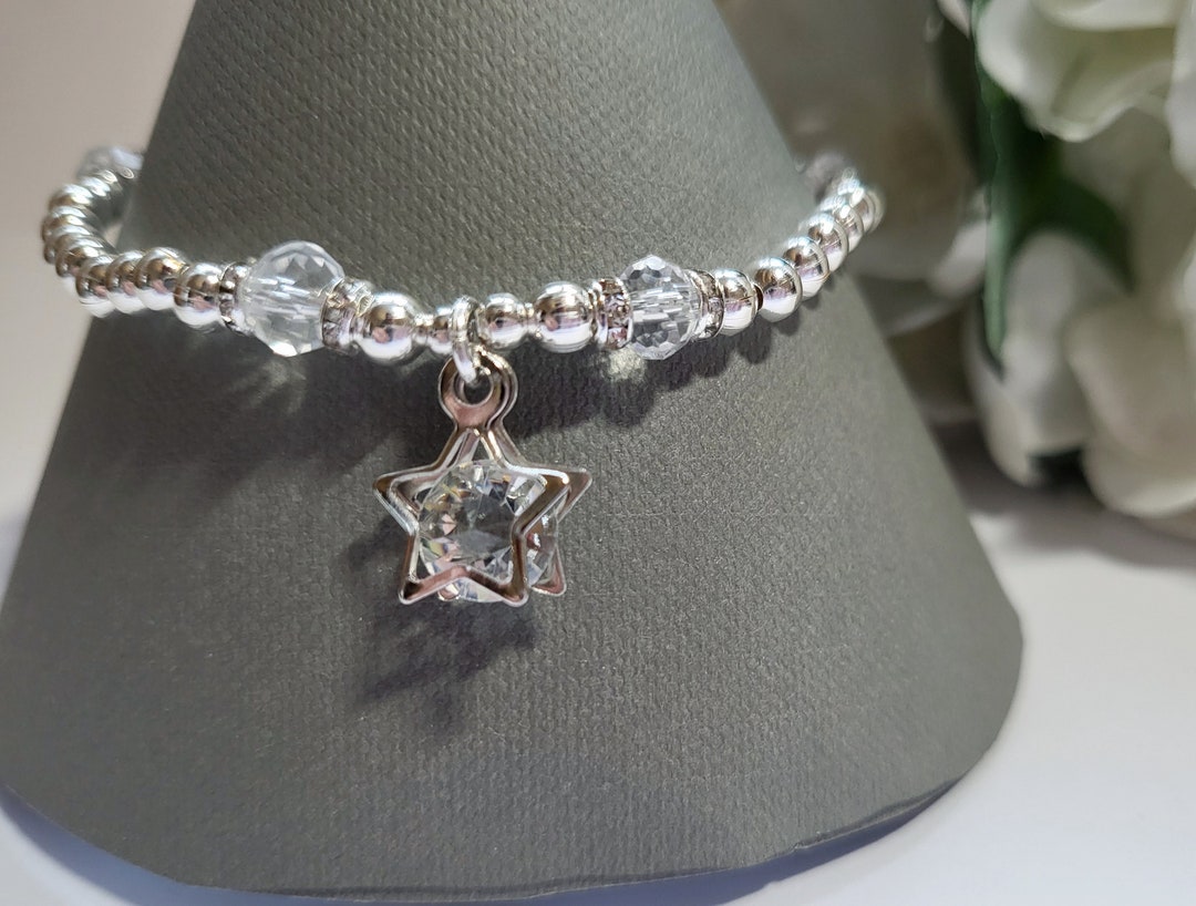 Silver Beaded Stretch Stacking Celestial Bracelet With Sparkling Star ...