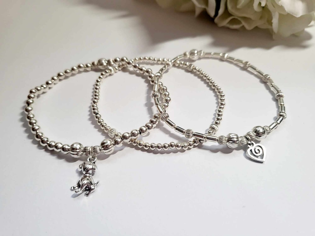 Silver Beads Stretch Stacking Bracelets Set Including Dog and Heart ...