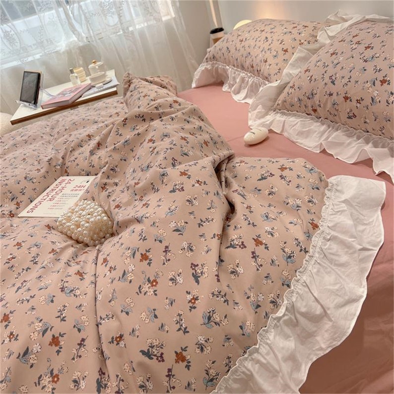 Retro Floral 100 Cotton Duvet Cover Setprincess Ruffle Style Etsy