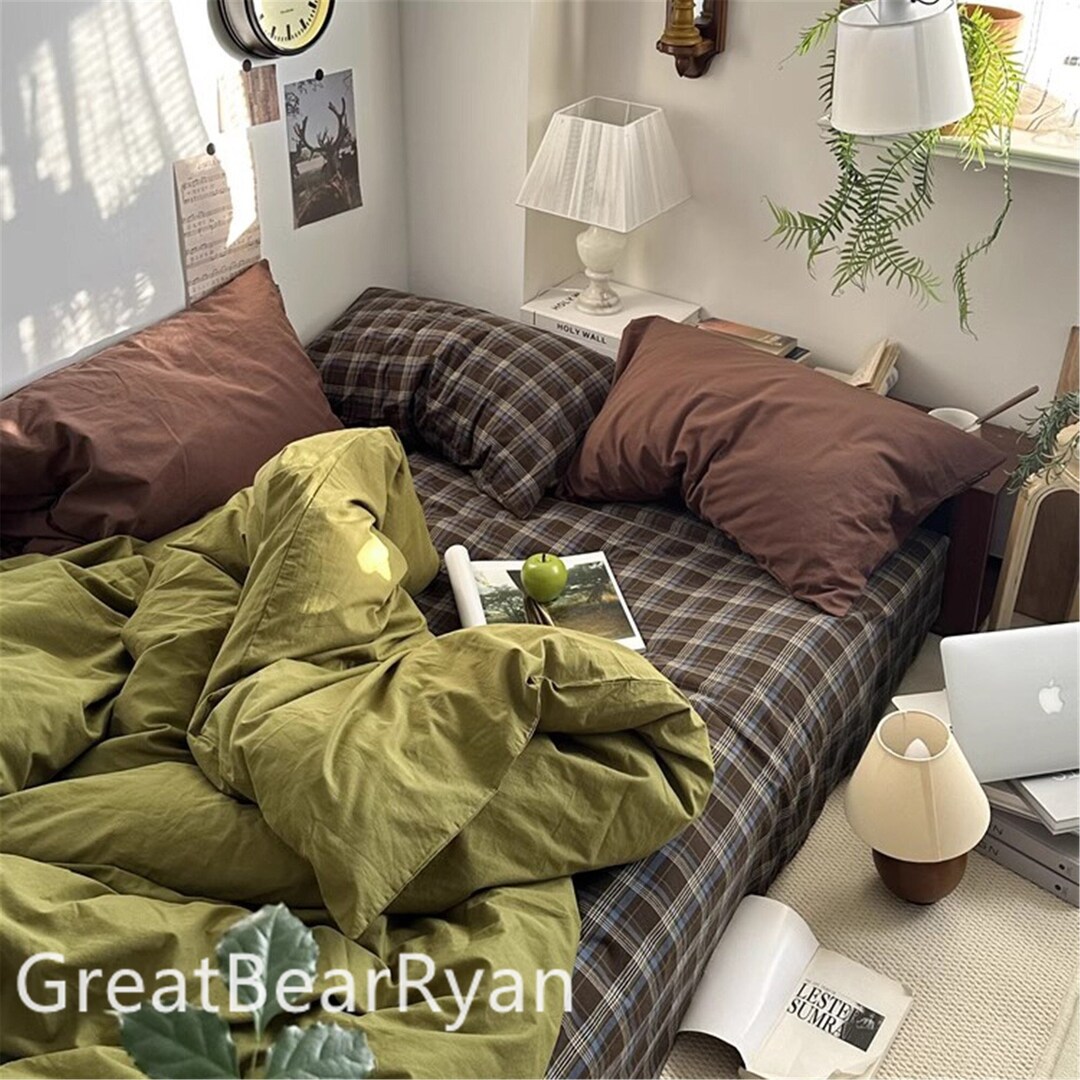 Retro Avocado Plaid 100% Cotton Duvet Cover Set, Minimalist Aesthetic ...