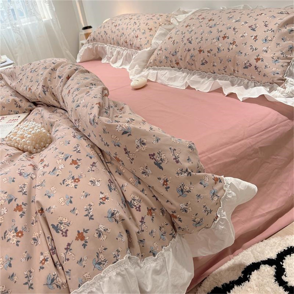Retro Floral 100 Cotton Duvet Cover Setprincess Ruffle Style Etsy
