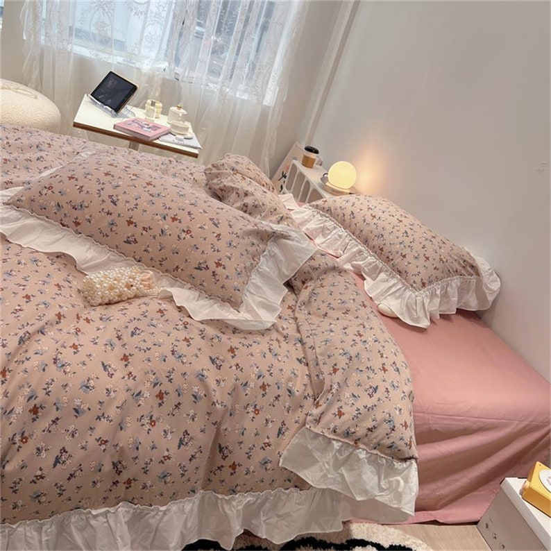 Retro Floral 100 Cotton Duvet Cover Setprincess Ruffle Style Etsy