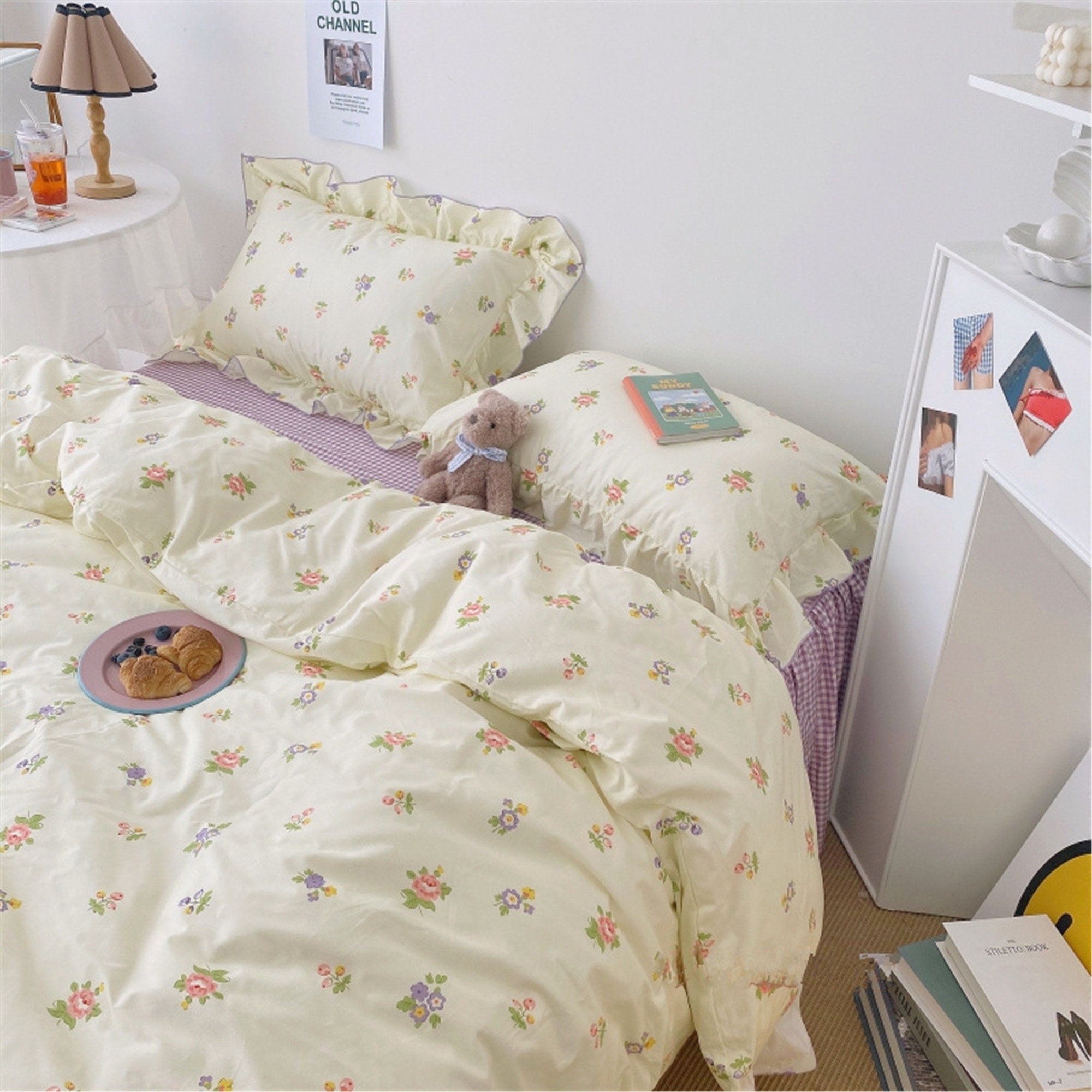 Floral 100 Cotton Ruffle Duvet Cover Setprincess Ruffle Etsy