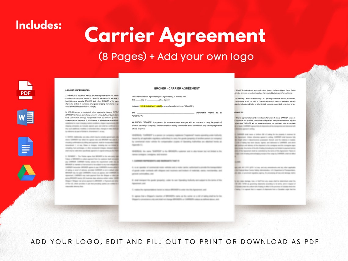 Freight Broker Carrier Agreement Template Packet (digital Download) - Etsy
