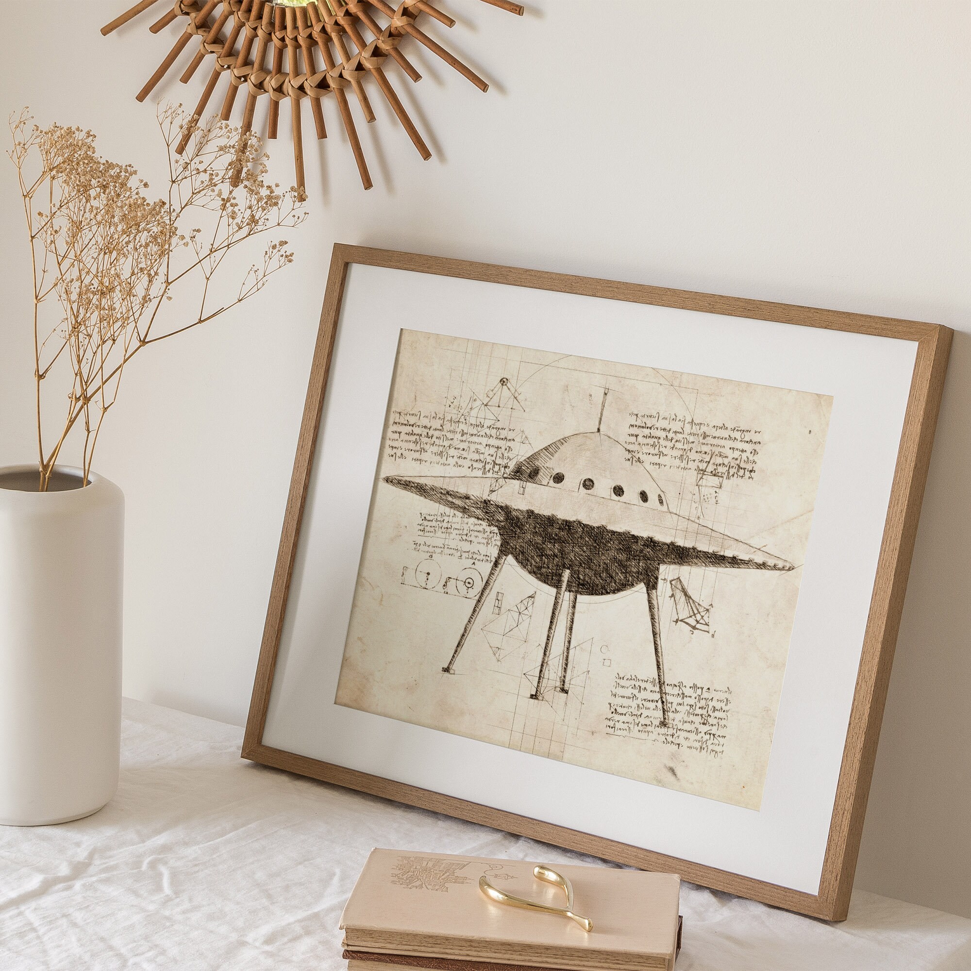 Vintage UFO Alien Art Prints: Set of 4 Retro Da Vinci Sketch Diagram ...