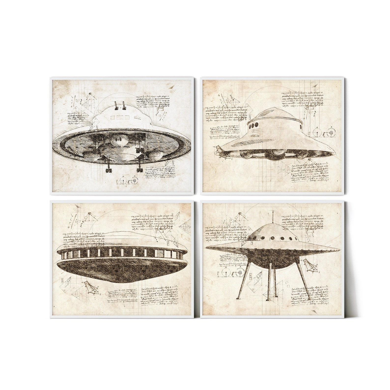 Vintage UFO Alien Art Prints: Set of 4 Retro Da Vinci Sketch Diagram ...