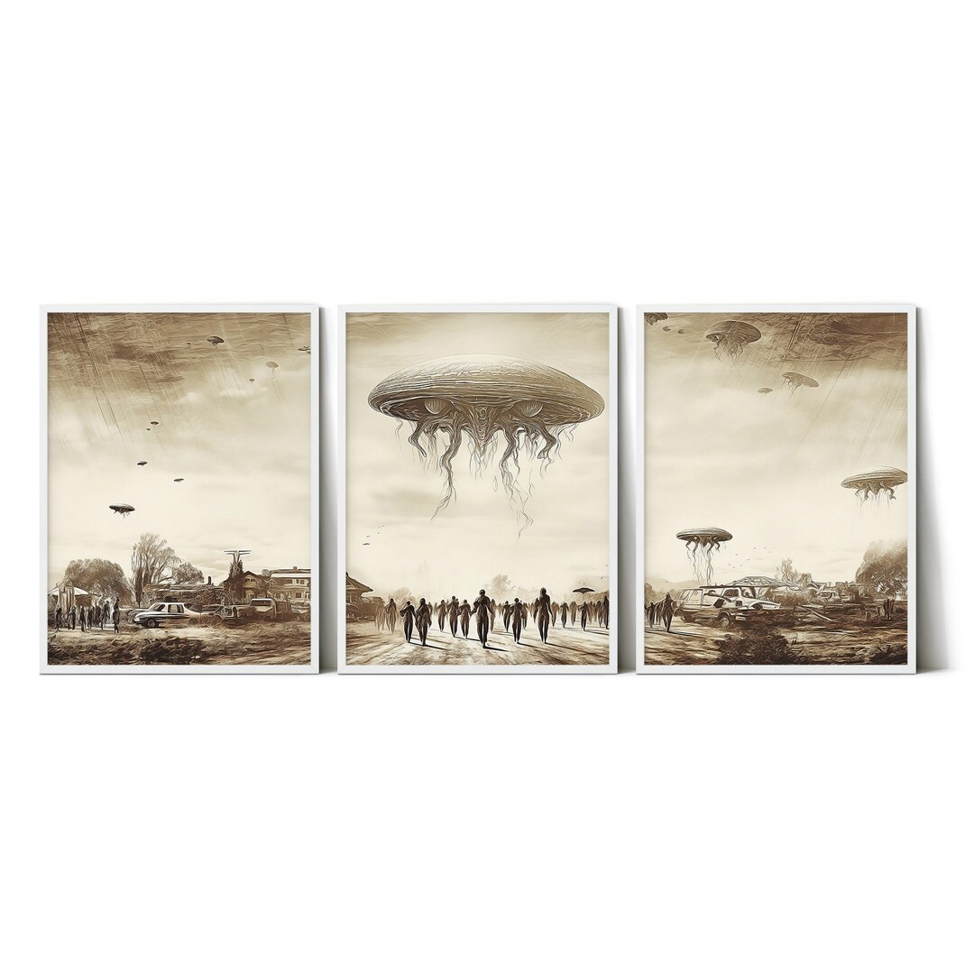 Alien Invasion Wall Art Set of 3 - Impressionist Painting Printable Art ...