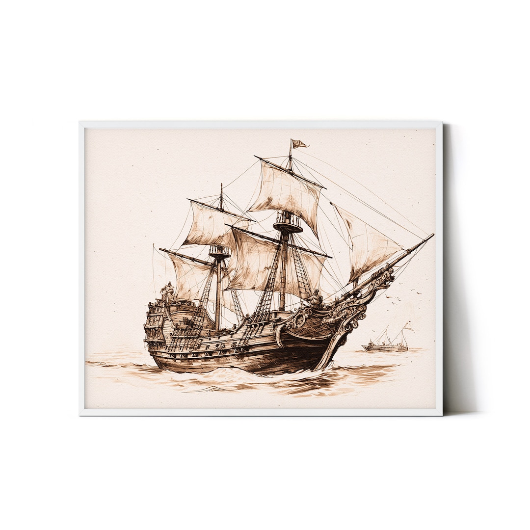 Pirate Ship Printable Art, Vintage Nautical Wall Decor, Instant ...