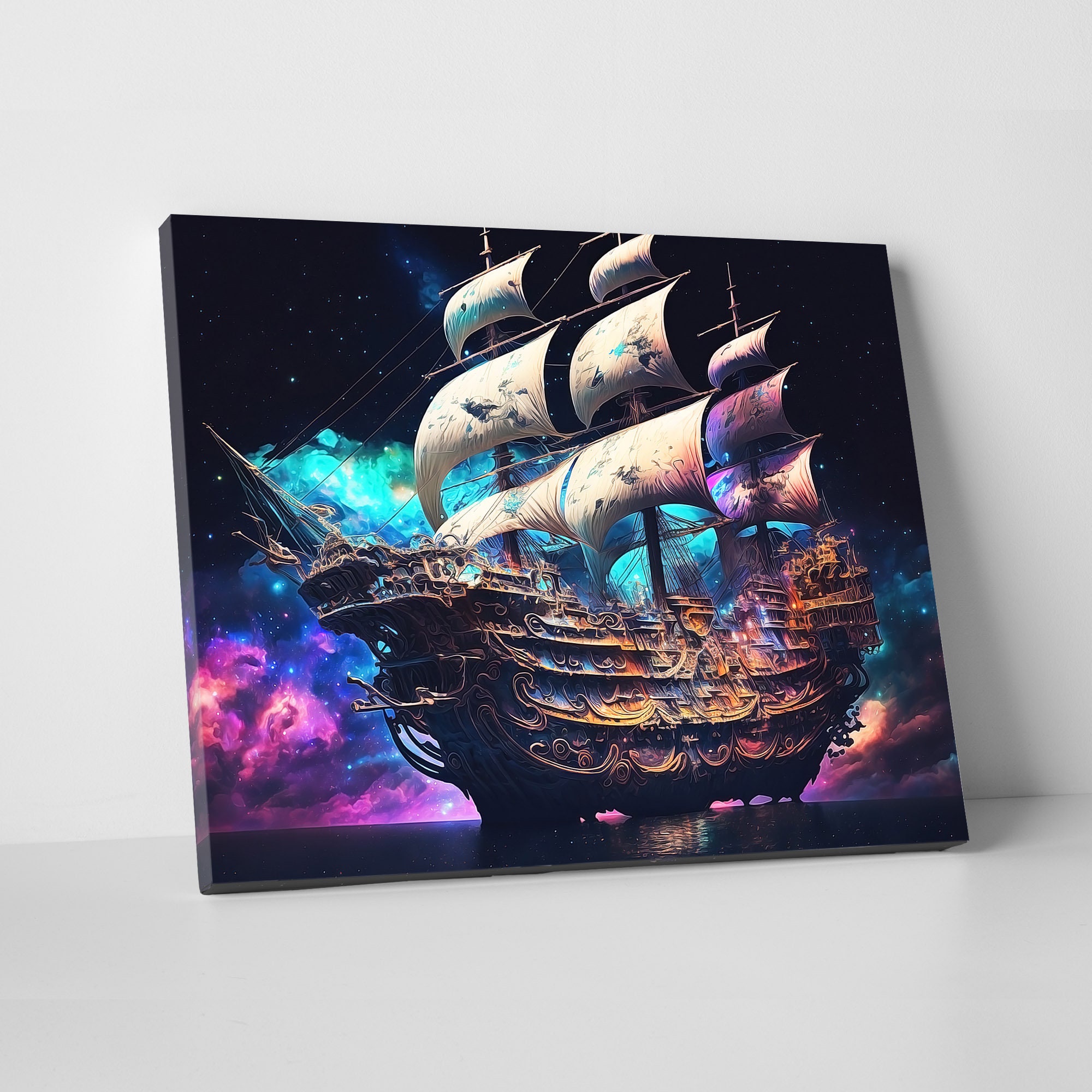 Psychedelic Pirate Ship in Cosmic Galaxy Colorful Printable Wall Decor ...