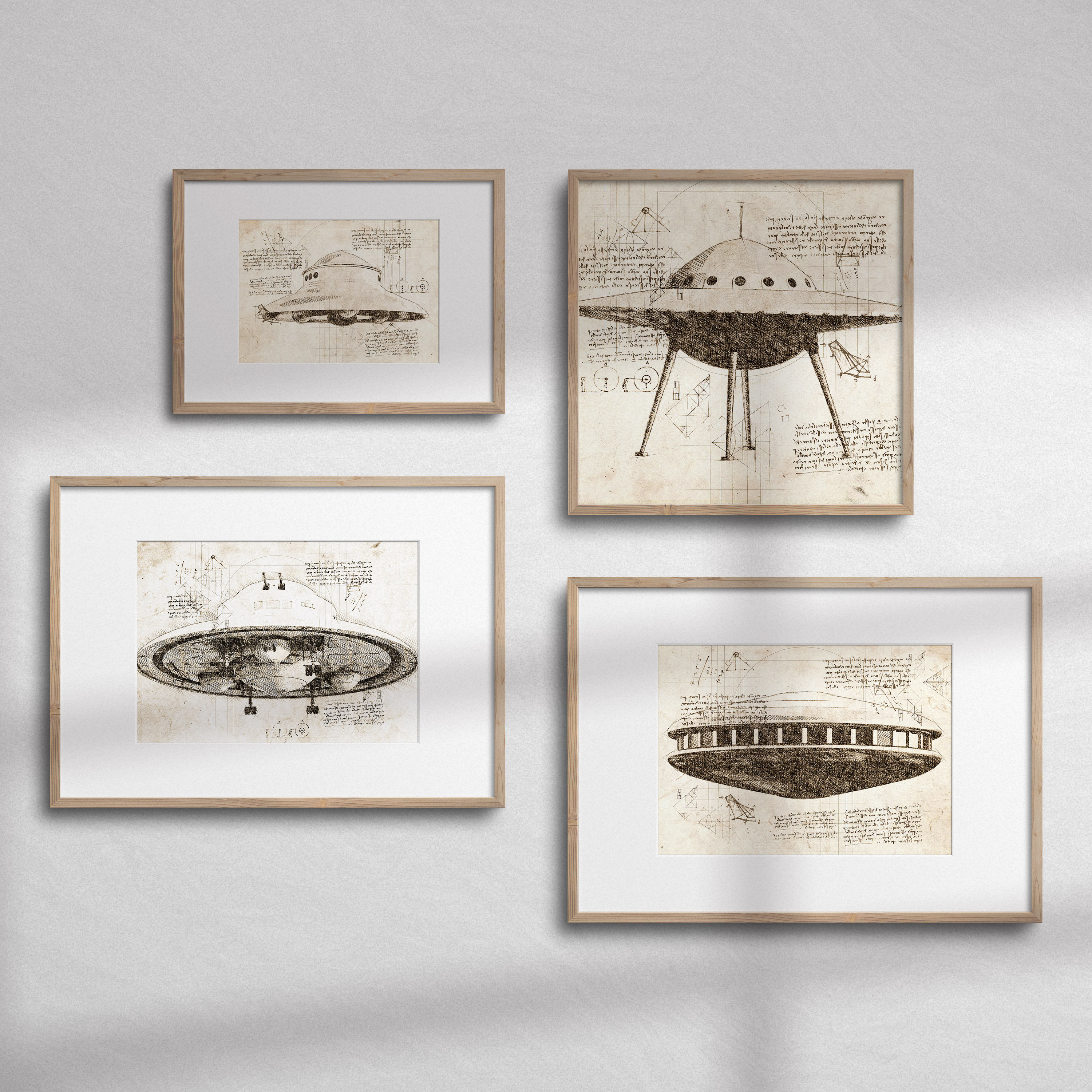 Vintage UFO Alien Art Prints: Set of 4 Retro Da Vinci Sketch Diagram ...
