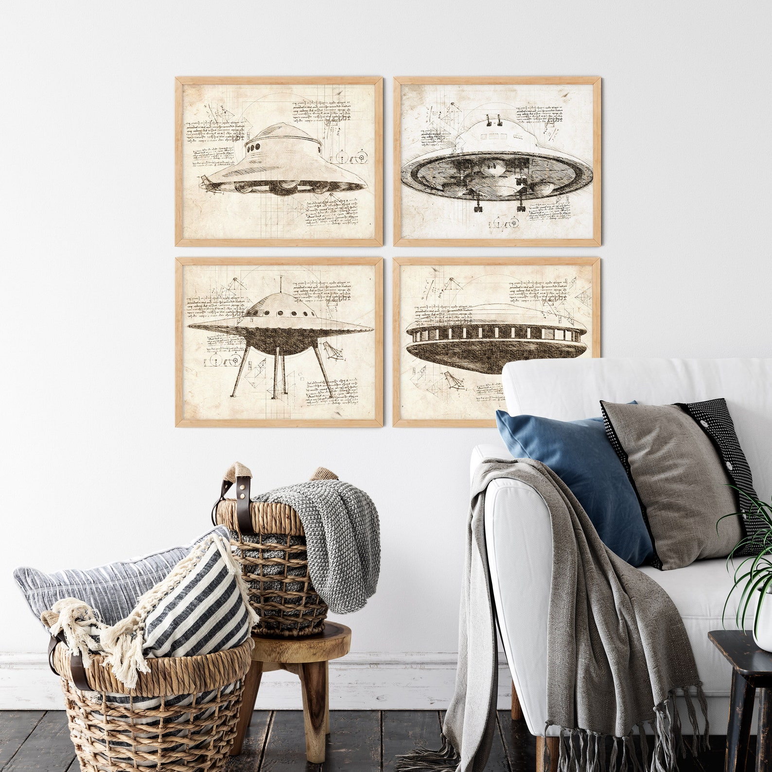Vintage UFO Alien Art Prints: Set of 4 Retro Da Vinci Sketch Diagram ...