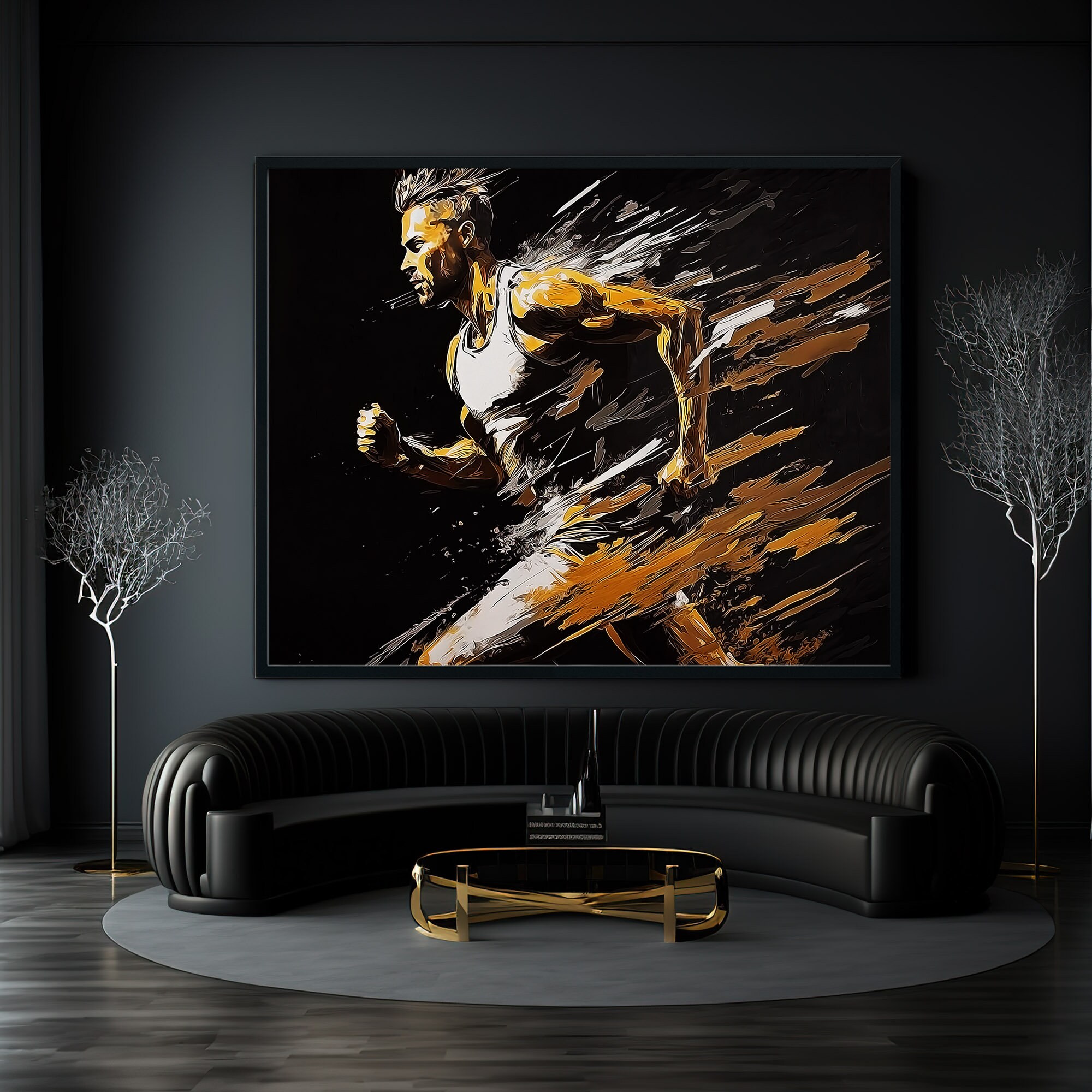 Abstract Runner Athlete Printable Art White and Golden Brush Strokes ...
