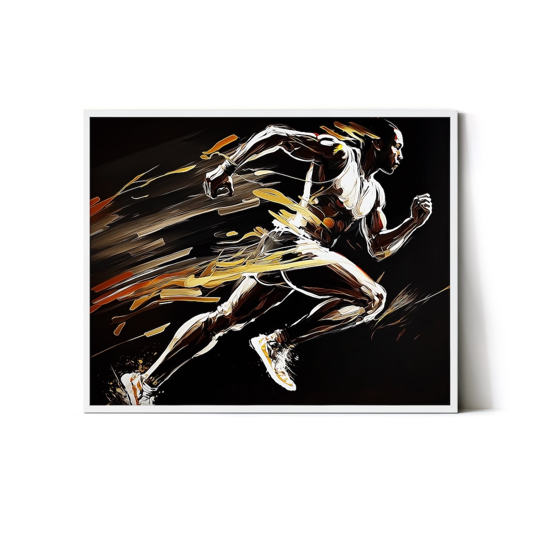 Abstract Running Man Printable Art White and Golden Brush Strokes ...