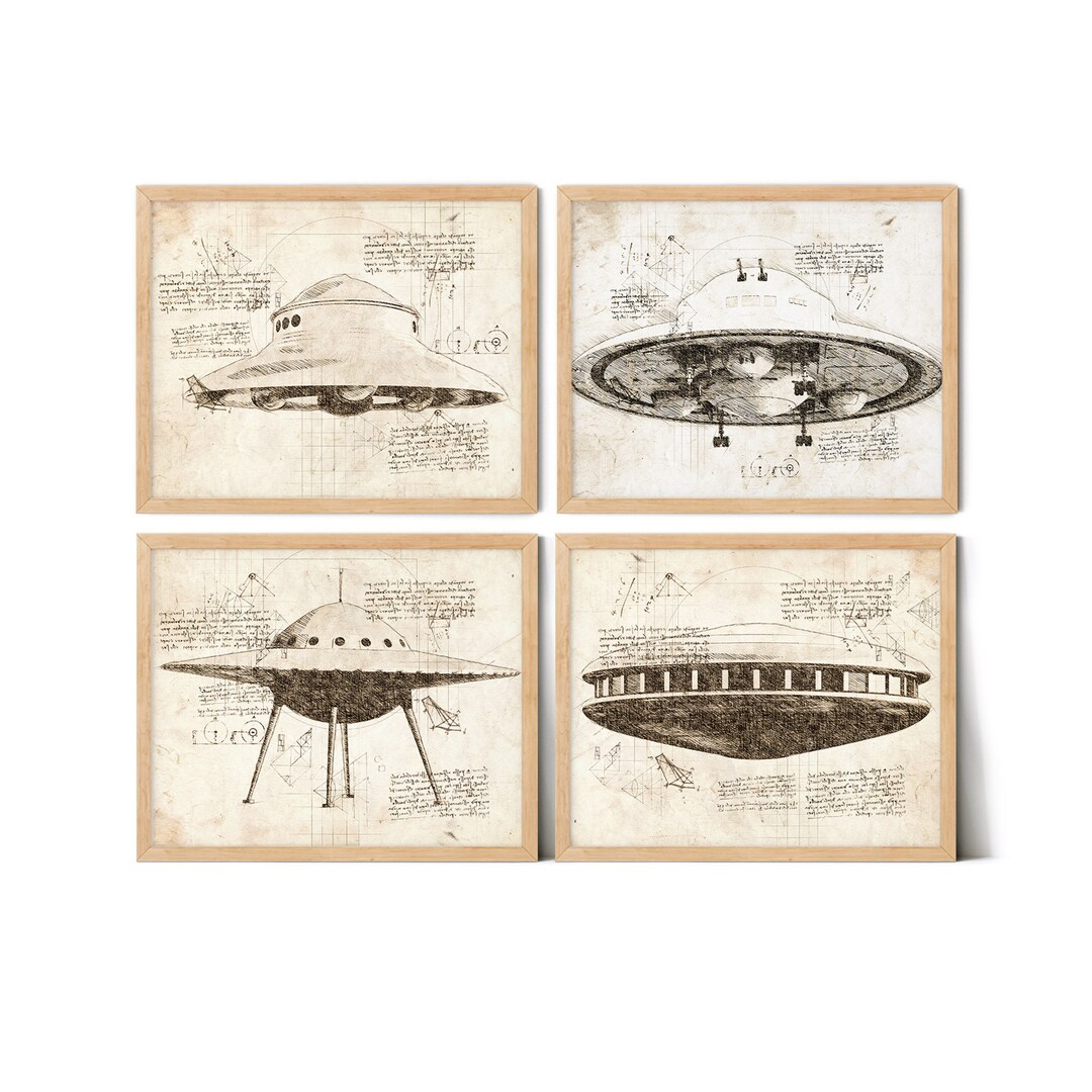 Vintage UFO Alien Art Prints: Set of 4 Retro Da Vinci Sketch - Etsy