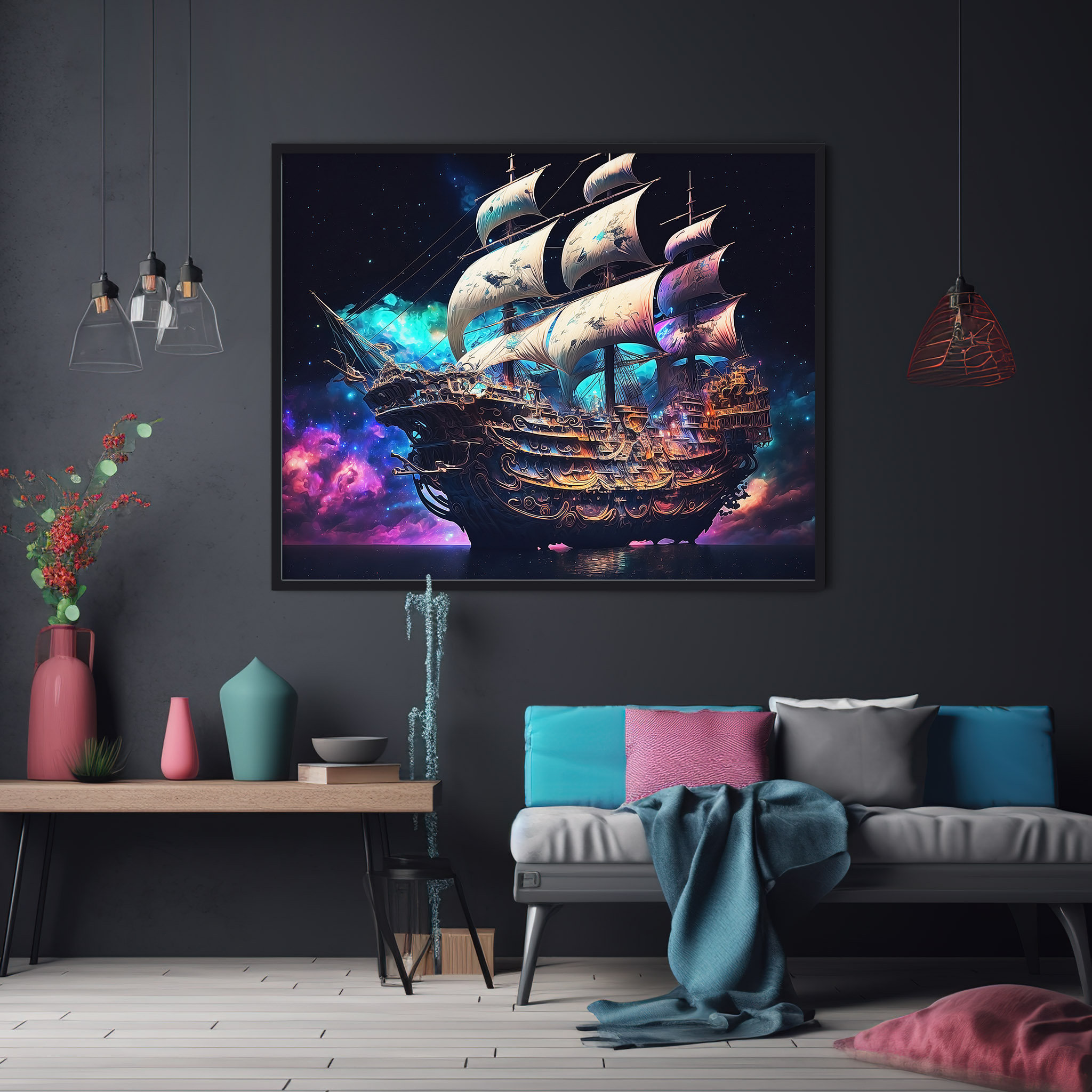 Psychedelic Pirate Ship in Cosmic Galaxy Colorful Printable Wall Decor ...
