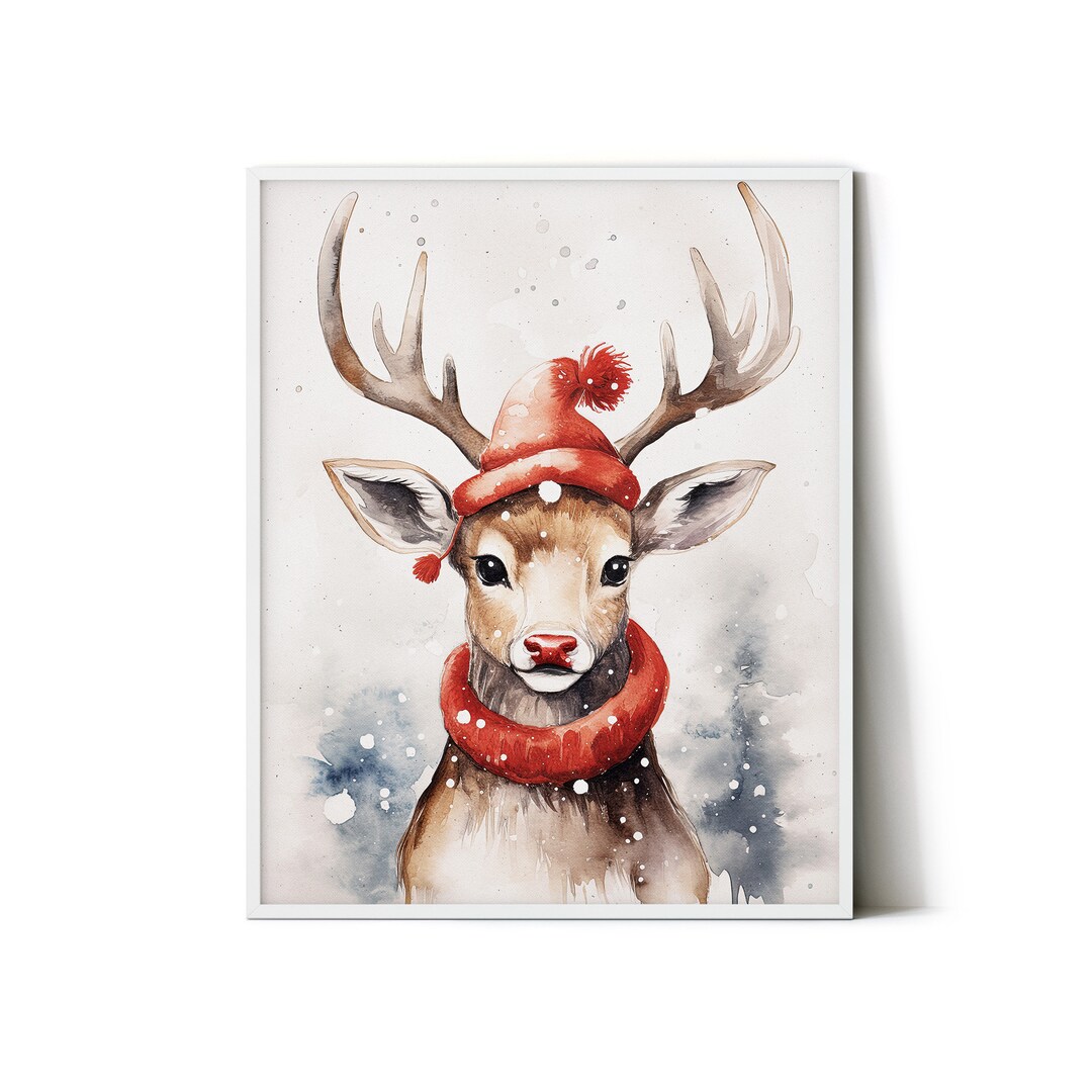 Rudolf the Red Nose Reindeer Watercolor Wall Art , Deer Painting ...