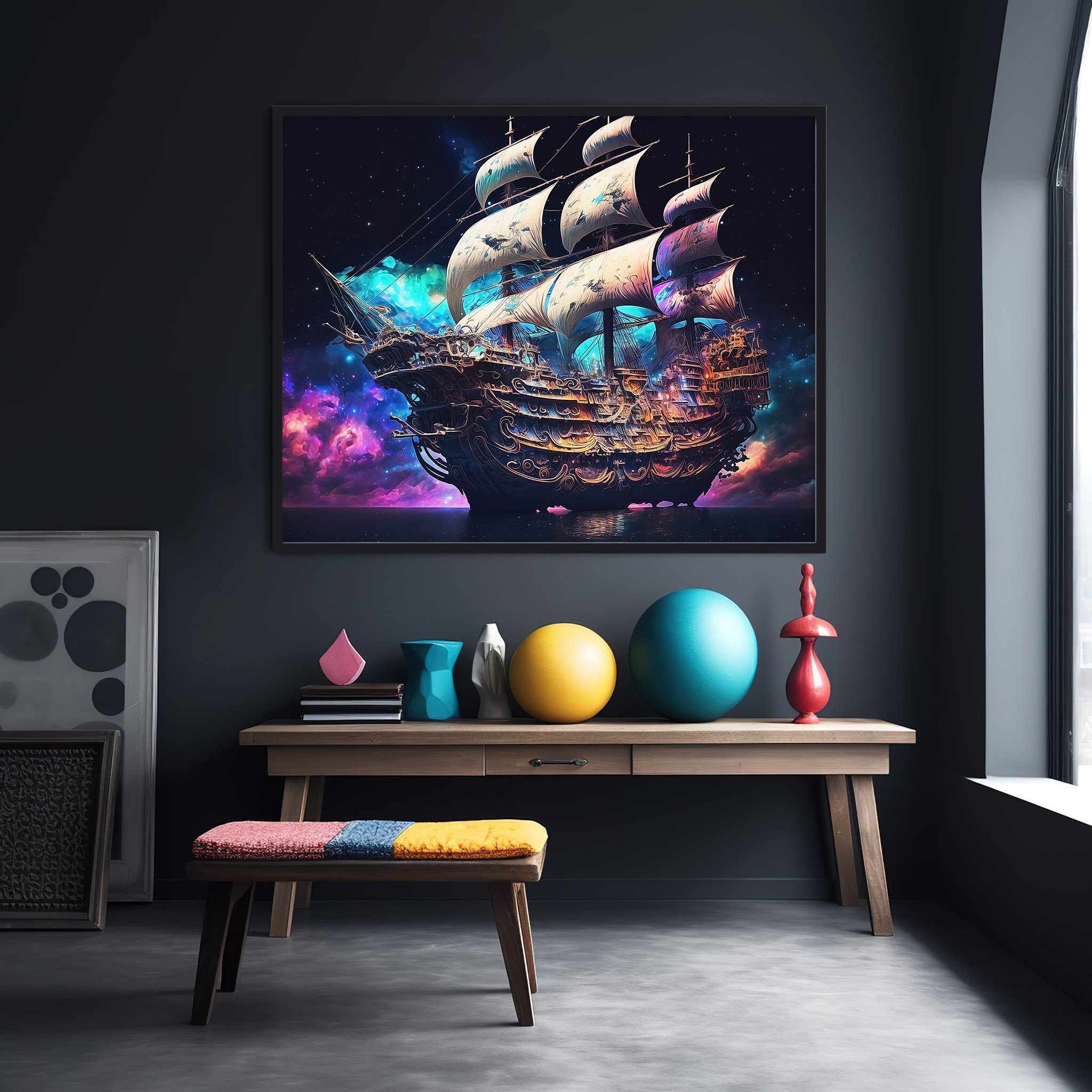 Psychedelic Pirate Ship in Cosmic Galaxy Colorful Printable Wall Decor ...