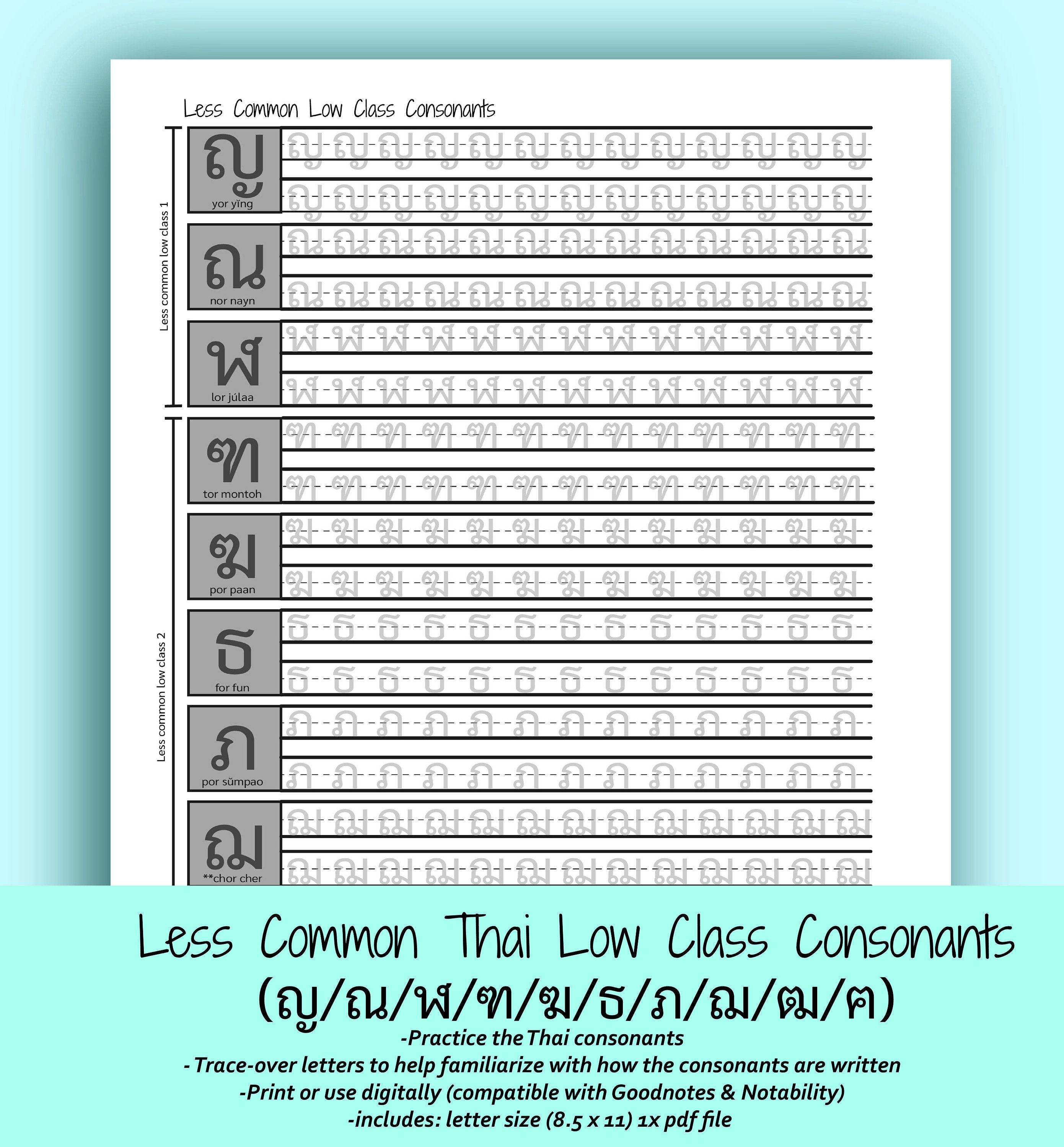 Thai Low Class Consonants Group 2 character practice worksheet Prints ...