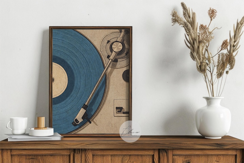 Blue Vinyl Record Player Art Print, Retro Turntable Wall Decor, Vintage ...
