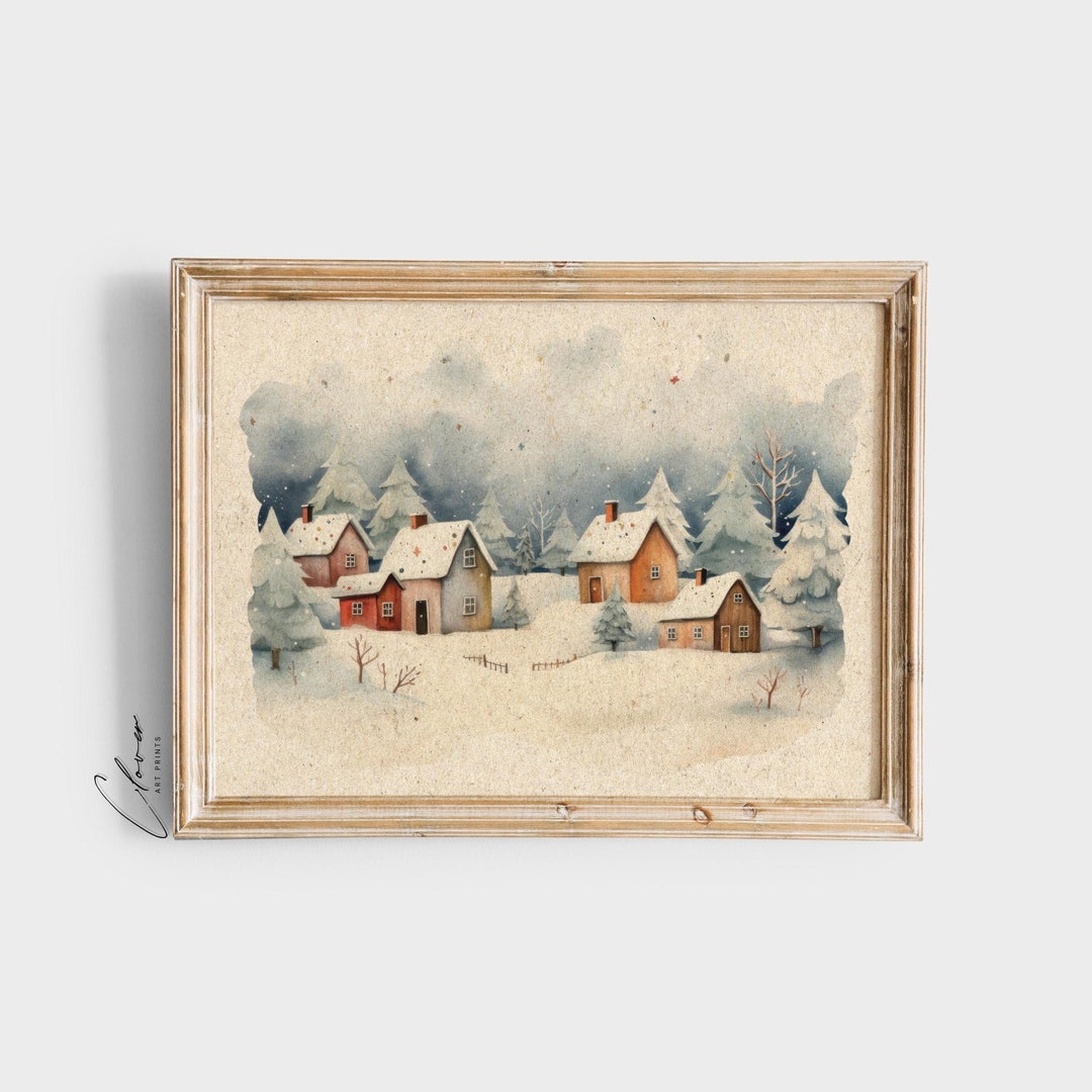 Winter Village Scene Art Print, Cozy Snowy Landscape, Rustic Christmas ...