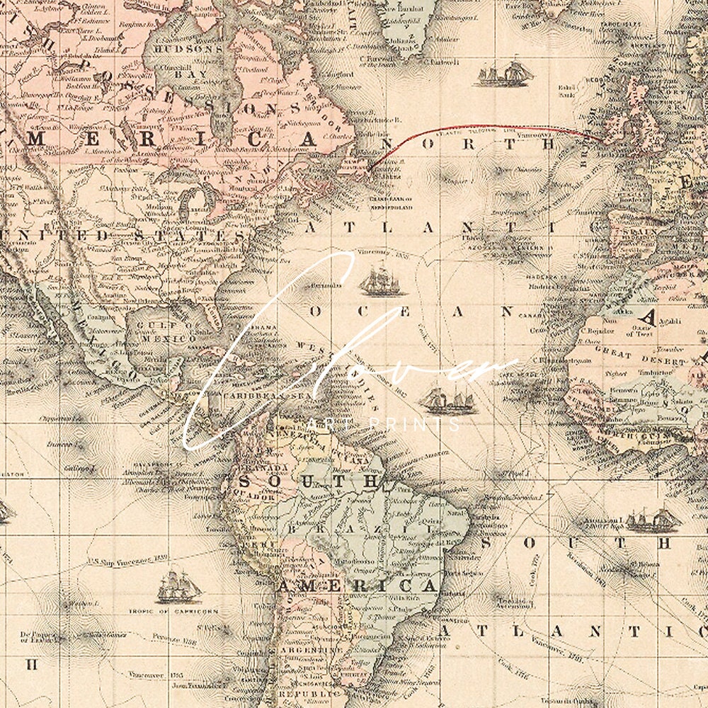 Vintage World Map Illustration Print | Antique Wall Decor | Old Map of ...