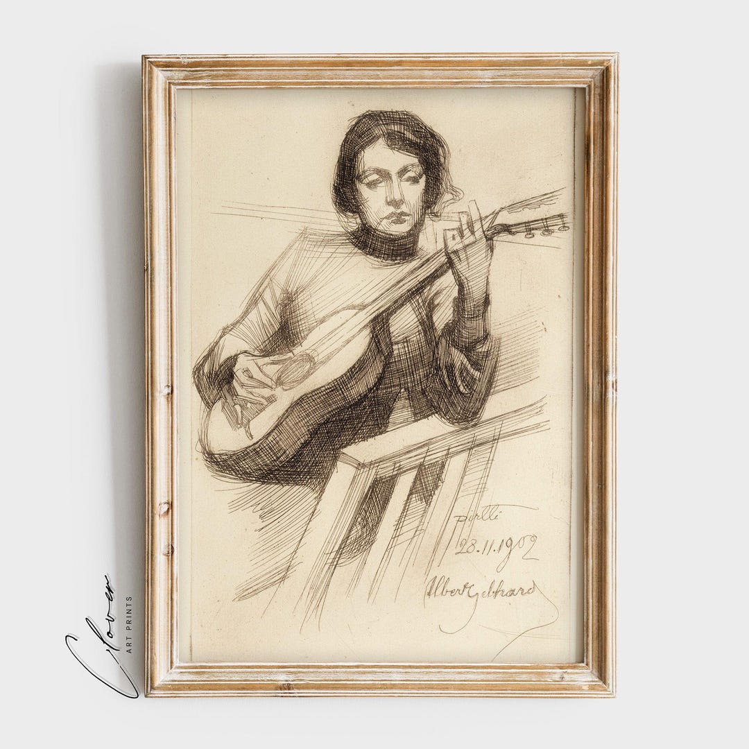 Guitarist Retro-styled Sketch Art Print | Vintage Music Themed Drawings ...