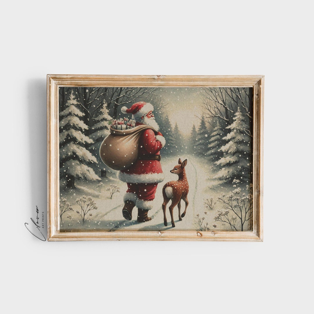 Moody Santa Claus Print Santa and Deer Digital Painting Winter Wall Art ...