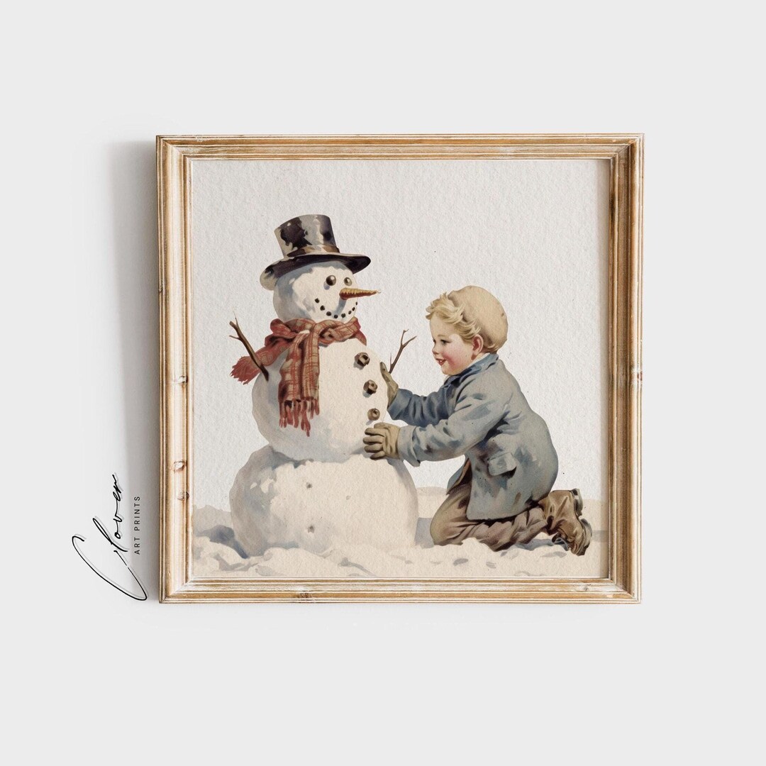 Vintage Snowman and Child Print, Classic Winter Scene, Retro Christmas ...
