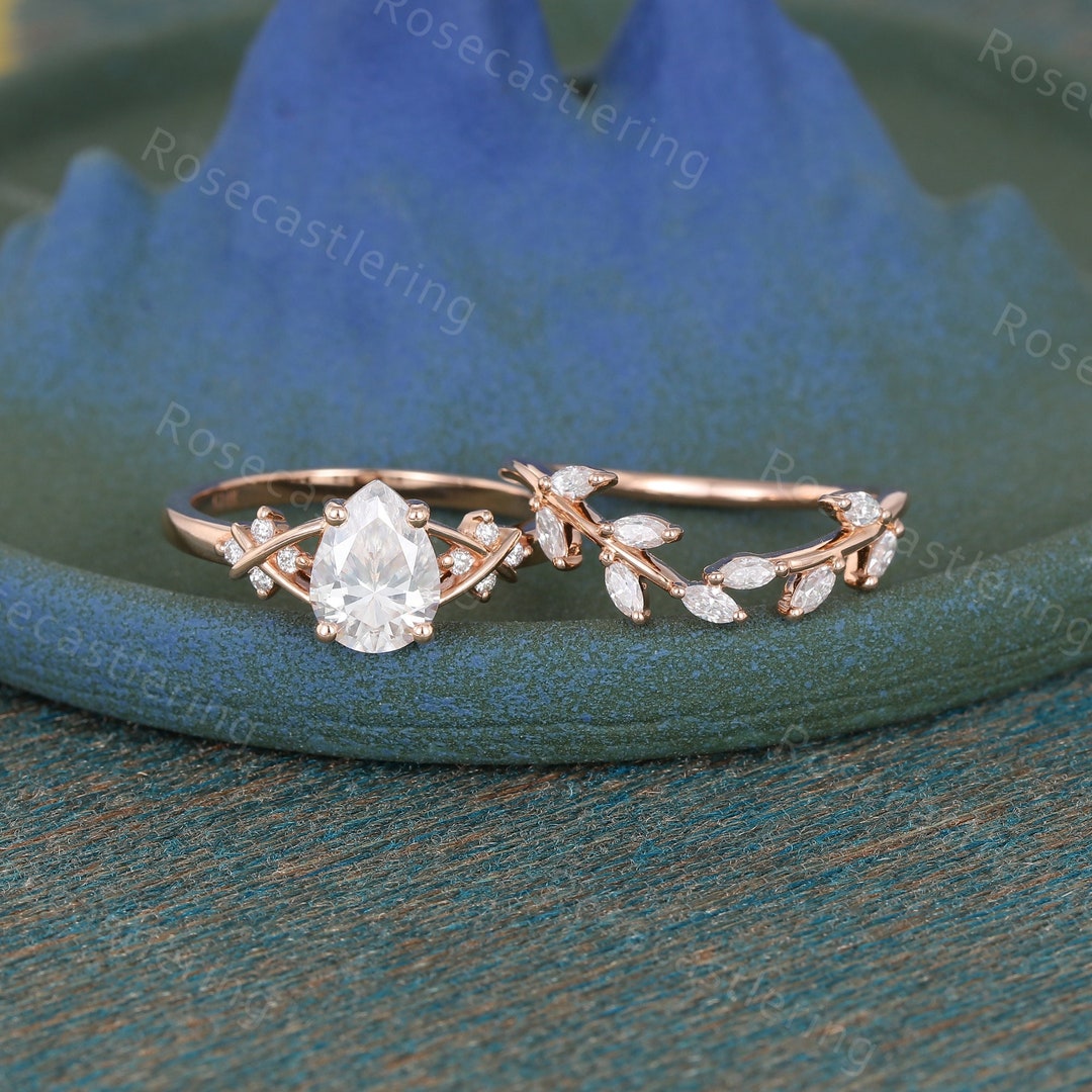 Pear Moissanite Engagement Ring Set Rose Gold Ring Set Marquise Diamond ...